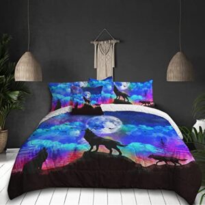 Sleepwish Wolf Bedding Twin Set with Comforter Galaxy Wolf Bedding 4 Piece Wolves Howling Bed Set for Boys Retro Oil Painting Wolf Design Bedspreads Purple Blue and Black