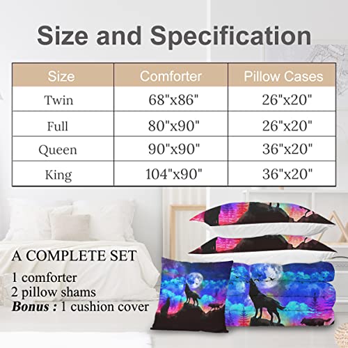 Sleepwish Wolf Bedding Twin Set with Comforter Galaxy Wolf Bedding 4 Piece Wolves Howling Bed Set for Boys Retro Oil Painting Wolf Design Bedspreads Purple Blue and Black