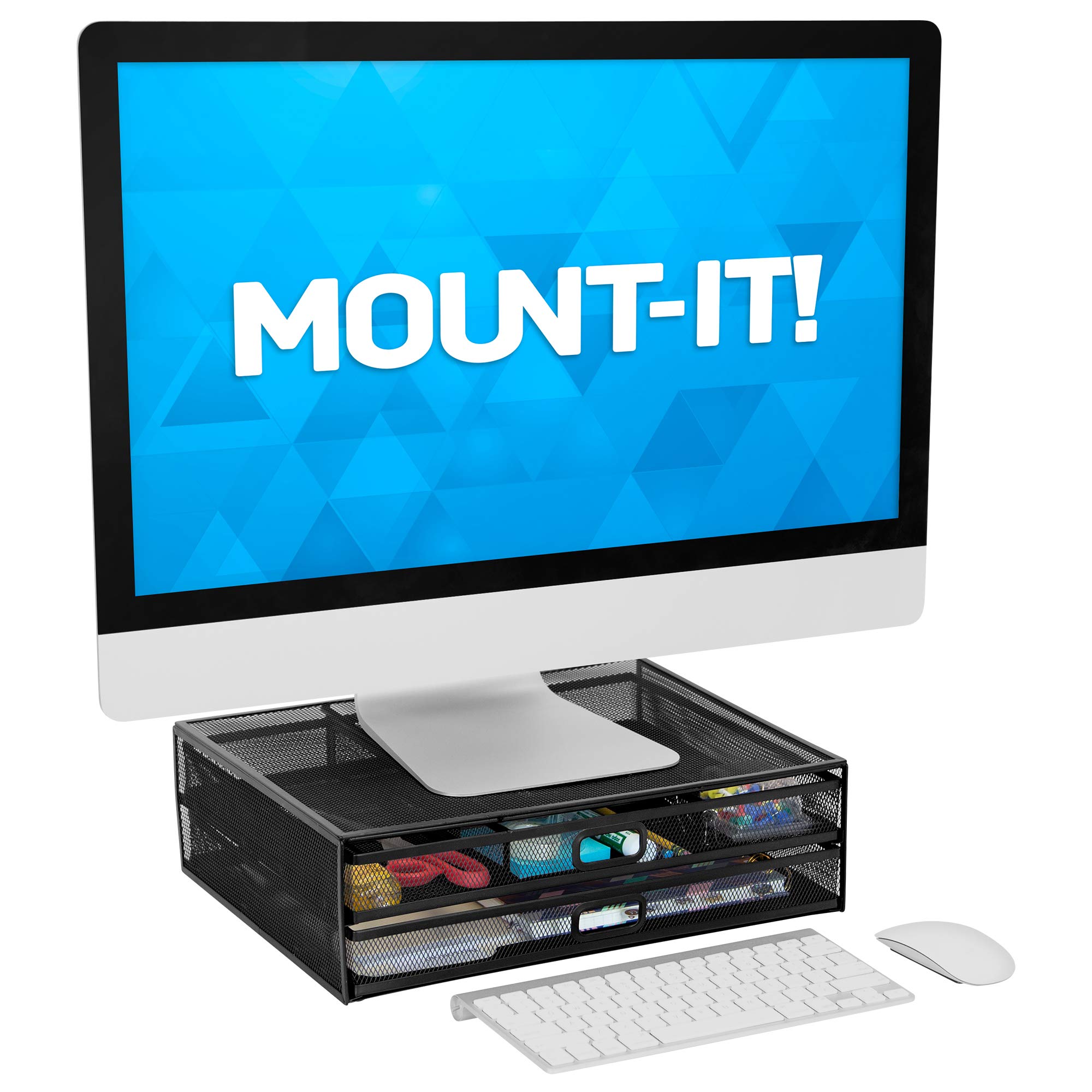 MOUNT-IT! Computer Monitor Stand With Drawers, Metal Mesh Riser and Organizer for Laptops and Computer Screens, Laptop, and Printer Accessories and Office Supplies (Black)