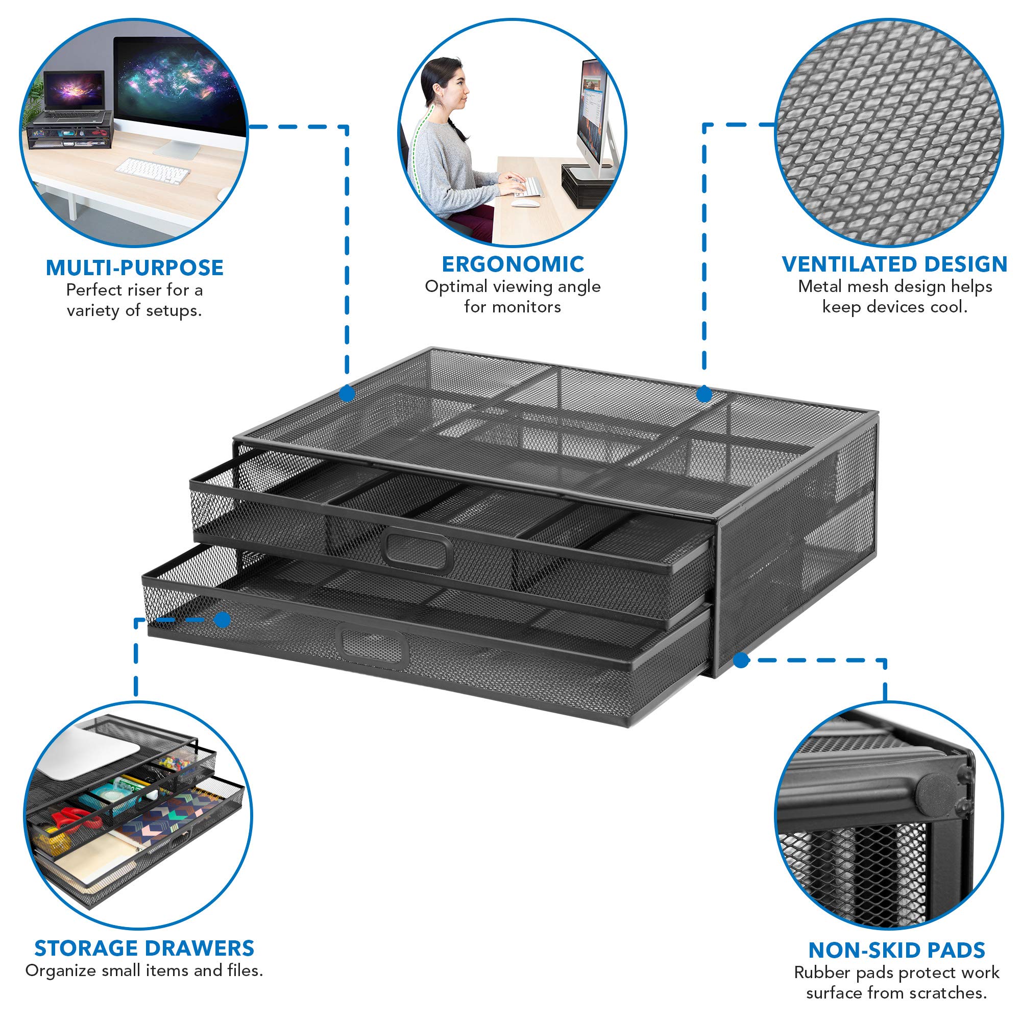 MOUNT-IT! Computer Monitor Stand With Drawers, Metal Mesh Riser and Organizer for Laptops and Computer Screens, Laptop, and Printer Accessories and Office Supplies (Black)