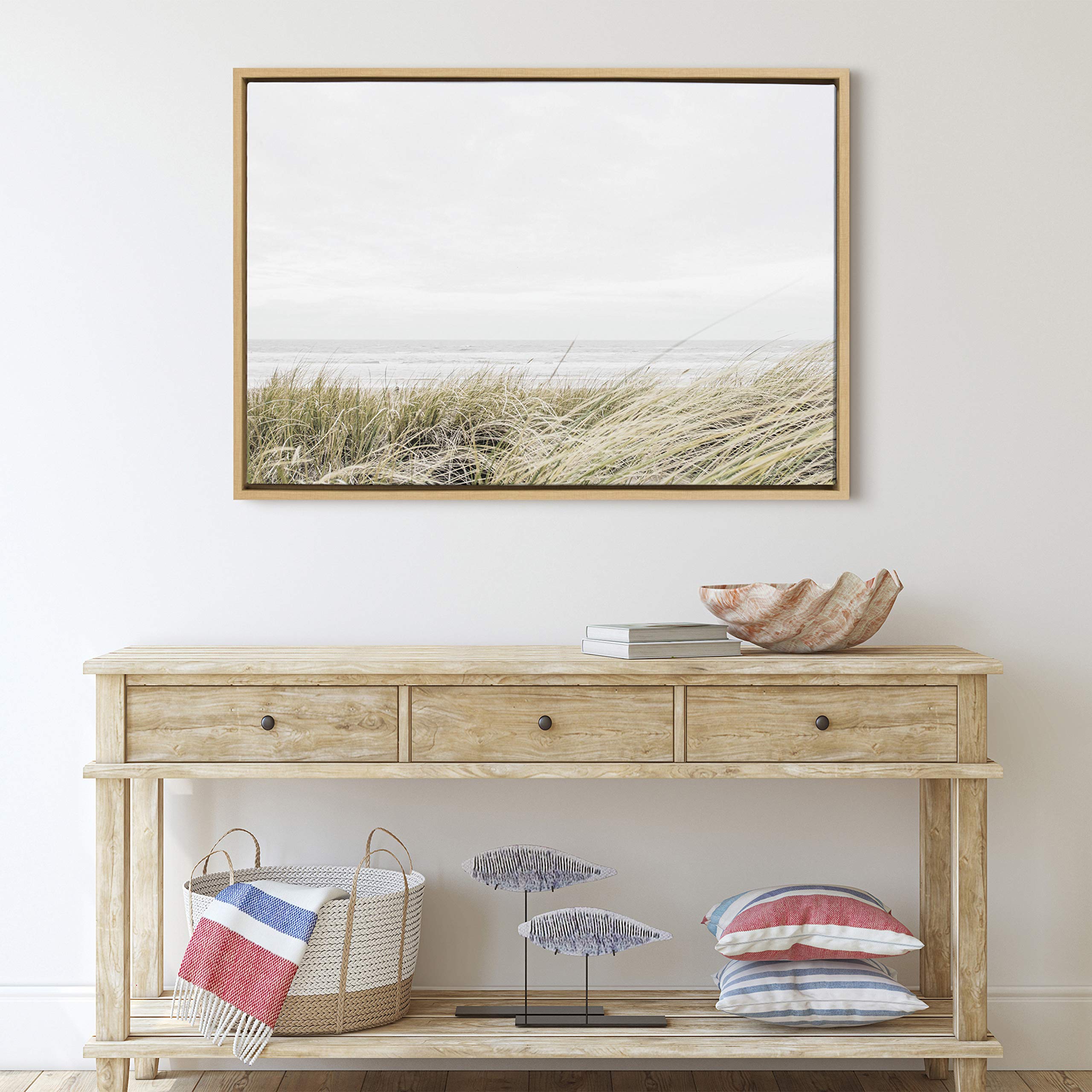 Kate and Laurel Sylvie East Beach Framed Canvas Wall Art by Amy Peterson, 23x33 Natural, Chic Coastal Art for Wall