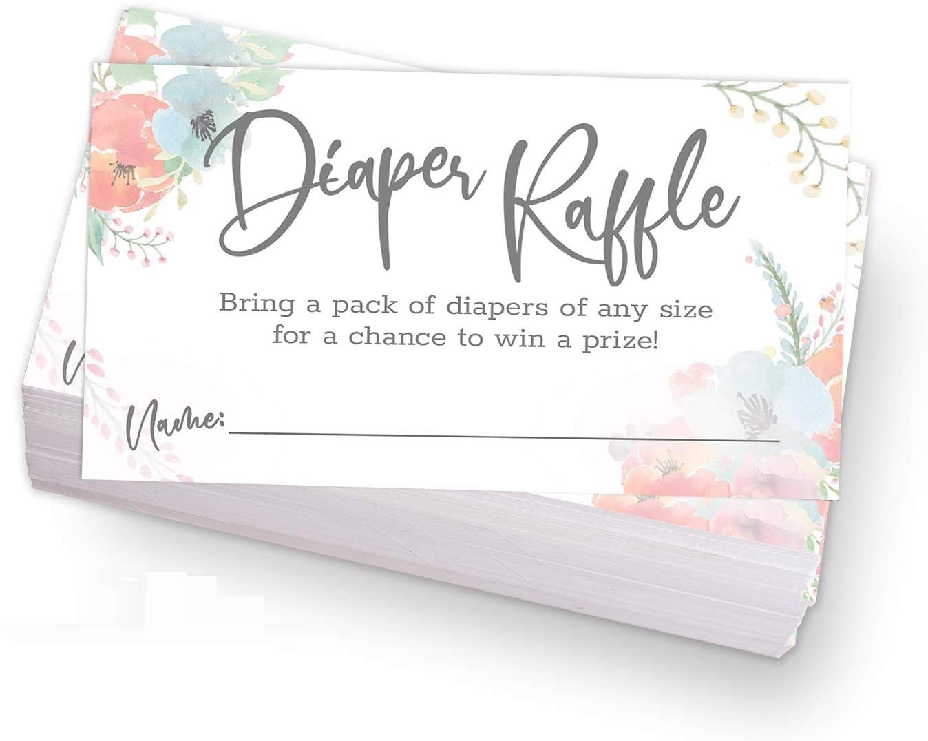 Canopy Street Watercolor Floral Diaper Raffle Tickets For Baby Shower, Sprinkle Or Gender Reveal Party / 50 Pastel 3.5” x 2” Cards