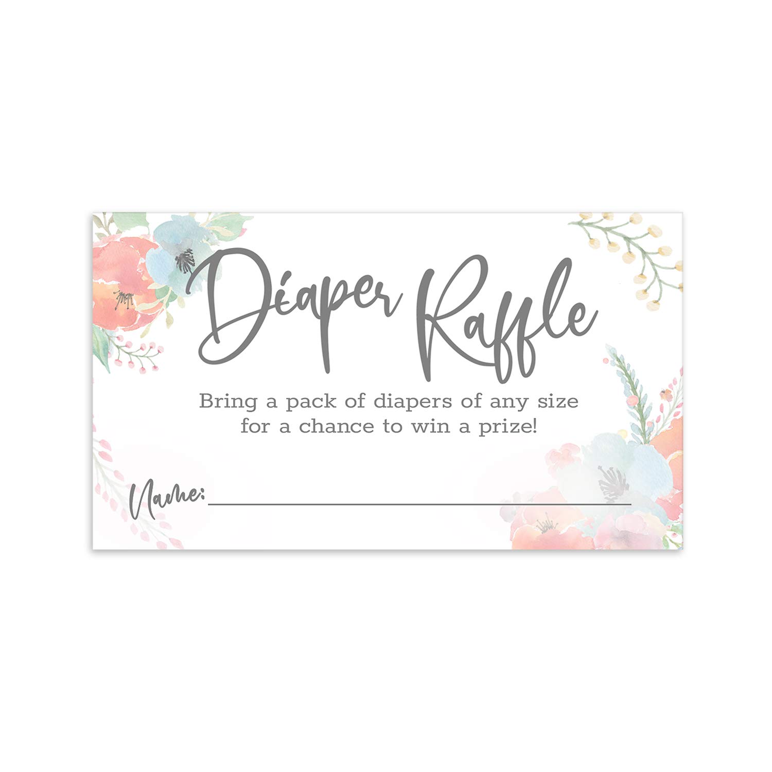 Canopy Street Watercolor Floral Diaper Raffle Tickets For Baby Shower, Sprinkle Or Gender Reveal Party / 50 Pastel 3.5” x 2” Cards