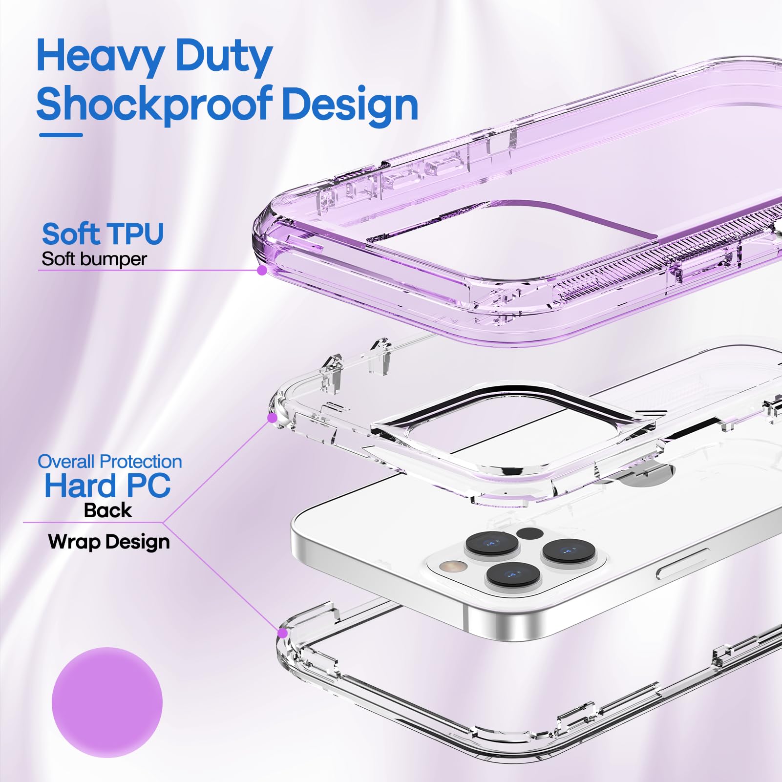 ORIbox for iPhone 13 Pro Max/12 Pro Max Case Purple, [10 FT Military Grade Drop Protection], Transparent Heavy Duty Shockproof Anti-Fall Case for iPhone 13/12 Pro Max,6.7 inch,3 in 1, Crystal Purple