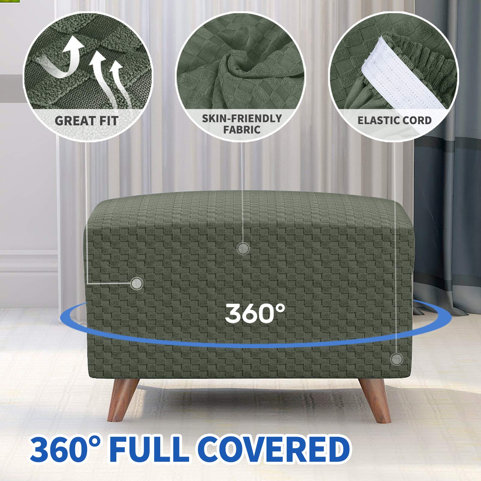 MAXIJIN Newest Jacquard Ottoman Slipcovers Folding Storage Stool Furniture Protector Cover Soft Thick Rectangle Foot Rest Slipcover with Elastic Bottom (Ottoman X-Large, Army Green)