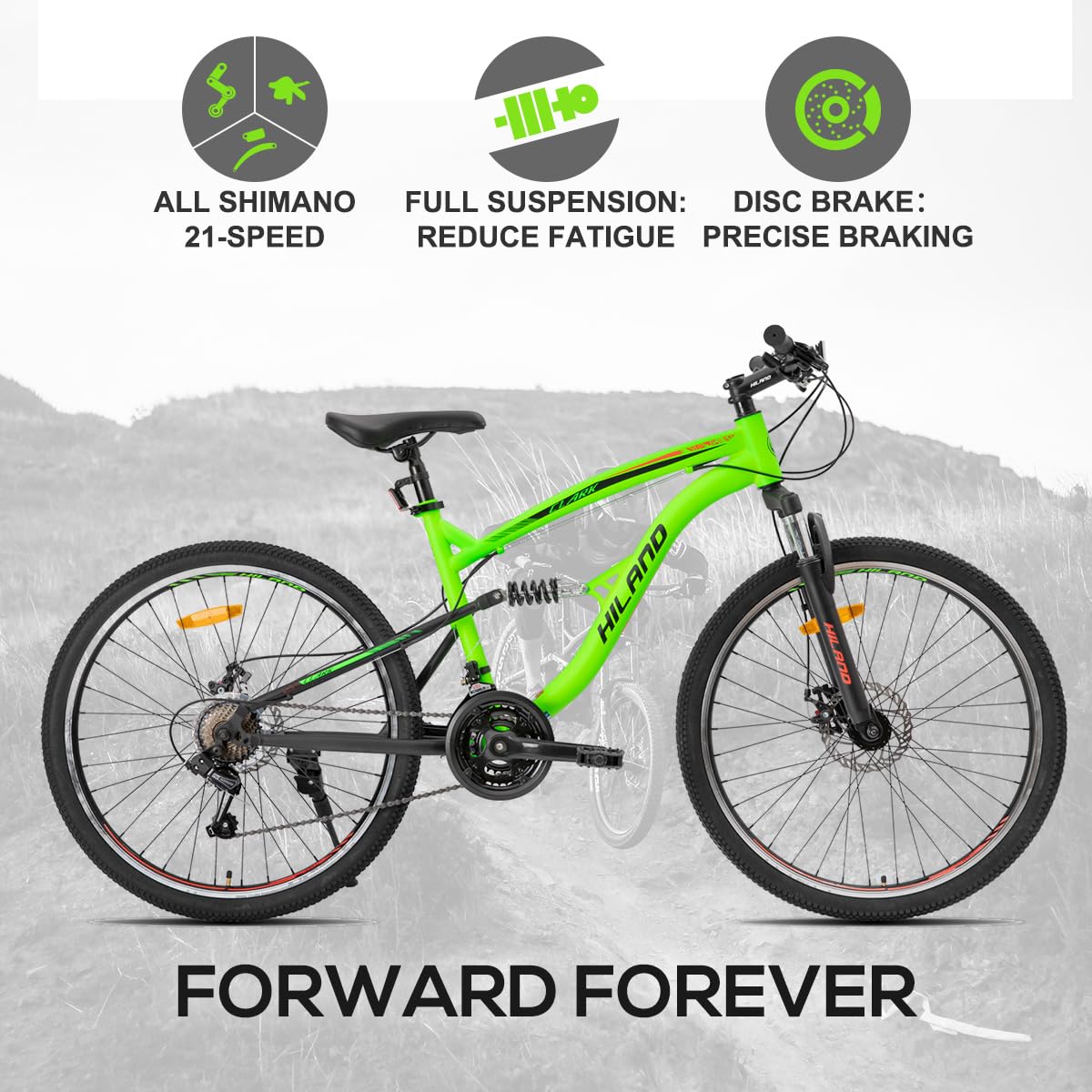 HH HILAND Full Suspension Mens Mountain Bike, 21 Speed, 26 Inch Wheel, Dual Disc Brake Bike for Men Womens Adult Bicycle