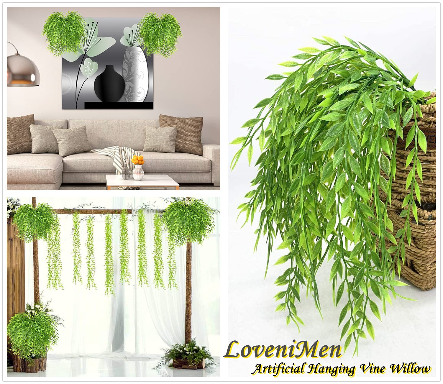 LoveniMen Artificial Weeping Willow, Plastic Plants Greenery Shrubs, Fake Hanging Vine Ivy Garland Outdoor Indoor Home Garden Verandah Parterre Wall Baskets Table Decoration UV Resistant 4 pcs