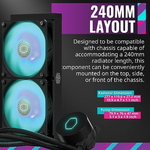 CoolerMaster MasterLiquid ML240L RGB V2, Close-Loop AIO CPU Liquid Cooler, Gen3 Dual Chamber Pump, 240mm Radiator, SickleFlow 120 PWM ARGB, AMD Ryzen AM5/AM4, Intel LGA1700/1200 (MLW-D24M-A18PC-R2)