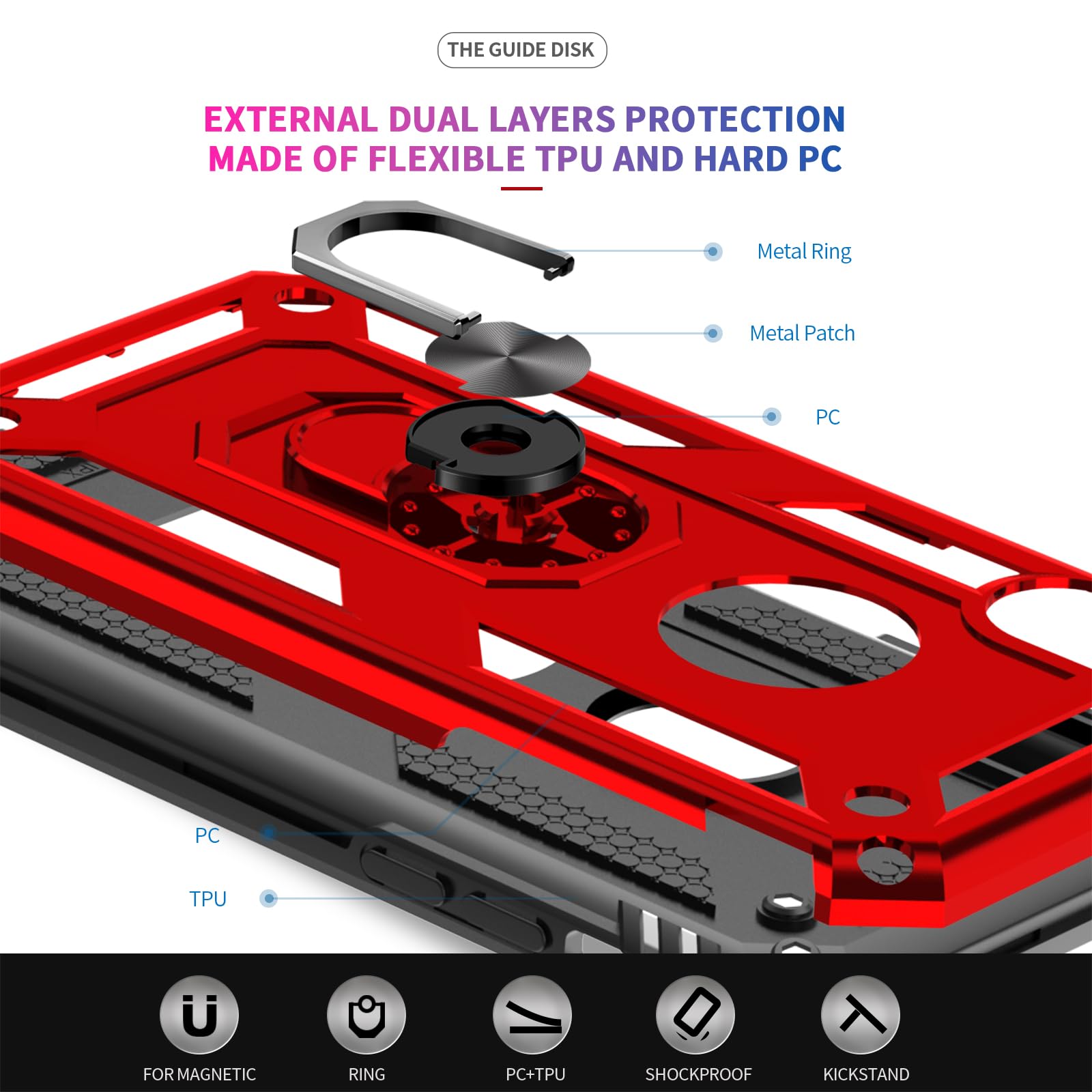 LeYi Compatible for iPhone X Case, iPhone Xs Case with [2Pack] Tempered Glass Screen Protector for Women Men, [Military-Grade] Phone Case with Ring Kickstand for Apple iPhone X/Xs/10, Red