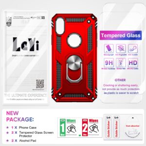 LeYi Compatible for iPhone X Case, iPhone Xs Case with [2Pack] Tempered Glass Screen Protector for Women Men, [Military-Grade] Phone Case with Ring Kickstand for Apple iPhone X/Xs/10, Red