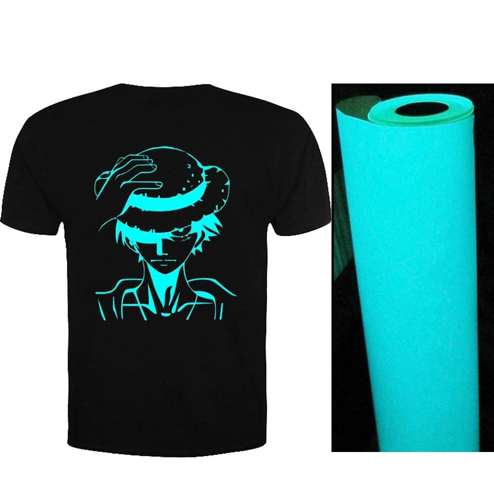 guangyintong Glow in The Dark Heat Transfer Vinyl Rolls, 12" x 5ft Luminous Blue Iron on Vinyl for T Shirts, PU Elastic HTV Vinyl for All Cutter Machine Easy to Cut & Weed for Cool Costumes & Design