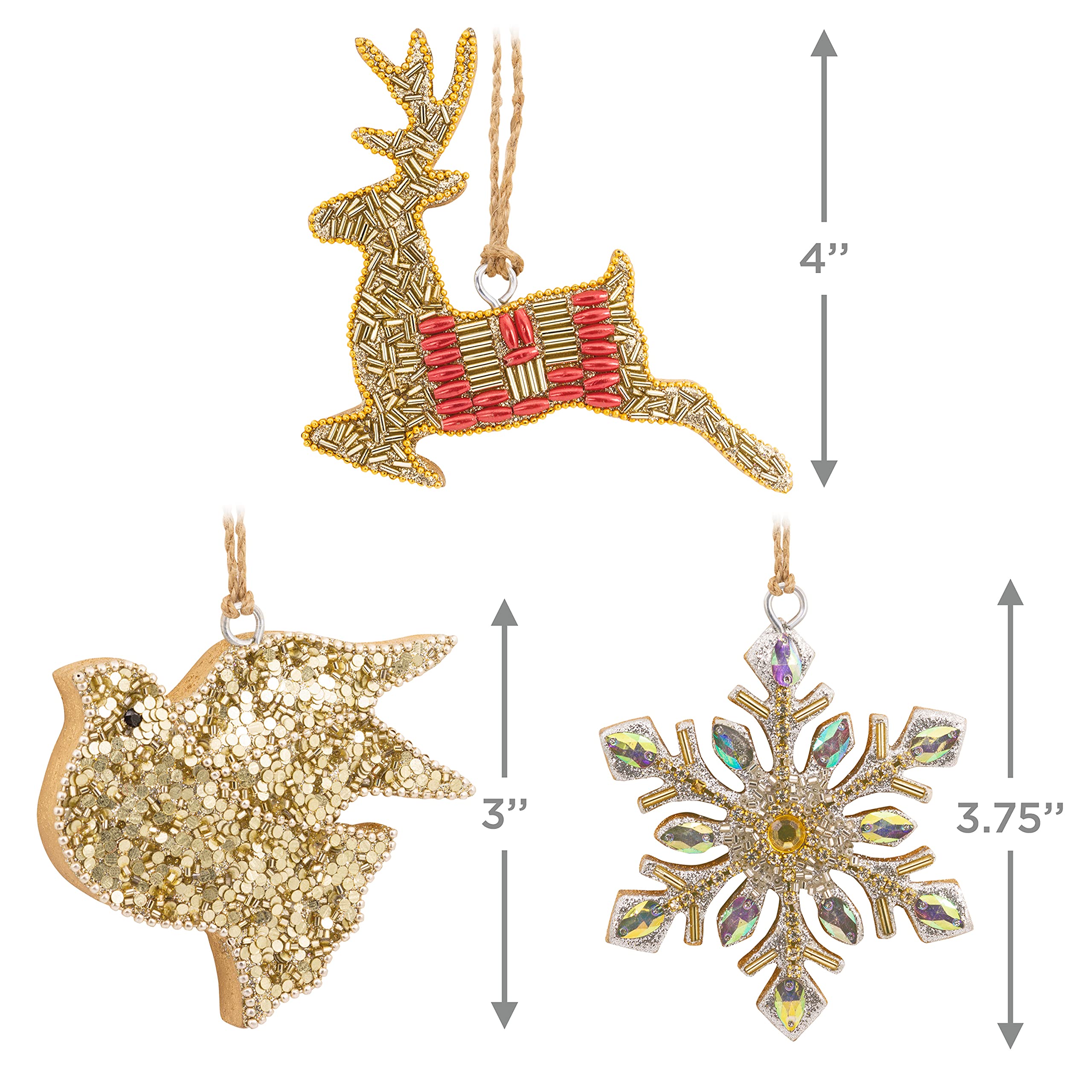 Hallmark Christmas Ornaments, Beaded Gold Reindeer, Dove and Snowflake Holiday Icons, Wood, Set of 6 (0001HGO2654)