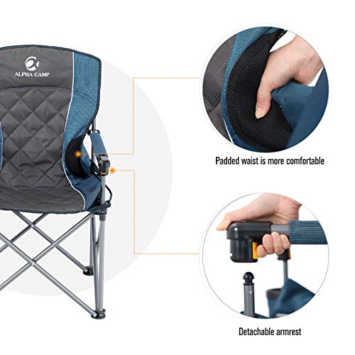 ALPHA CAMP Oversized Camping Folding Chair Padded Hard Arm Chair Heavy Duty Support 450 LBS Oversized Steel Frame Collapsible Lawn Chair with Cup Holder Quad Lumbar Back Chair Portable for Outdoor