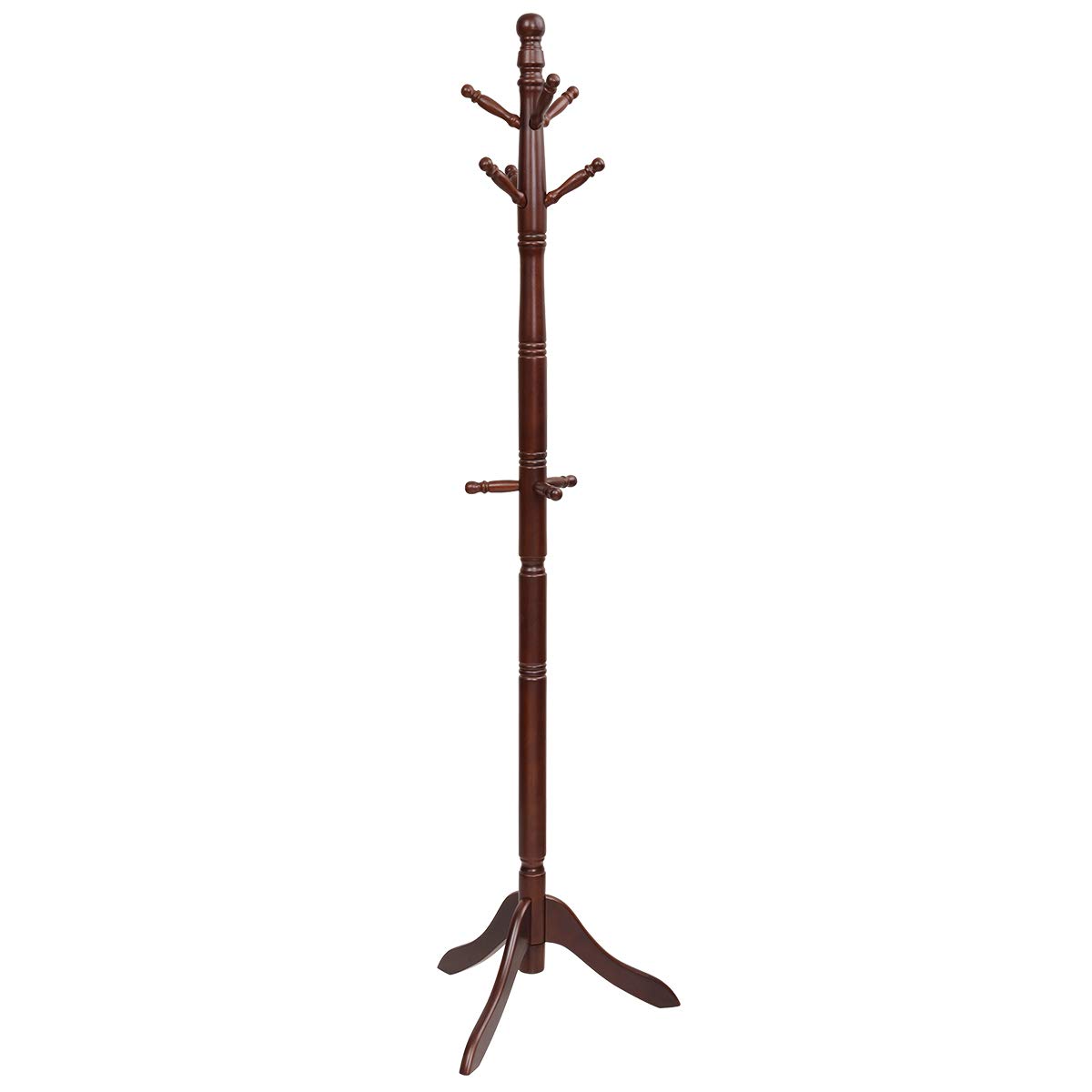 Tangkula Wood Coat Rack Freestanding, Entryway Height Adjustable Coat Stand with 9 Hooks & Stable Tri-Legged Base, Rubber Wood Coat Tree Hall Tree Coat Hanger Stand for Home Office Hall Entryway