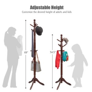 Tangkula Wood Coat Rack Freestanding, Entryway Height Adjustable Coat Stand with 9 Hooks & Stable Tri-Legged Base, Rubber Wood Coat Tree Hall Tree Coat Hanger Stand for Home Office Hall Entryway