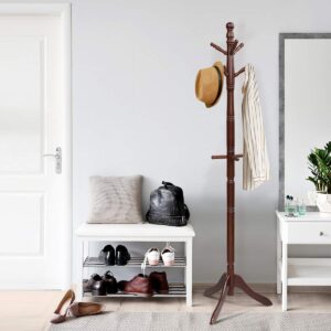 Tangkula Wood Coat Rack Freestanding, Entryway Height Adjustable Coat Stand with 9 Hooks & Stable Tri-Legged Base, Rubber Wood Coat Tree Hall Tree Coat Hanger Stand for Home Office Hall Entryway