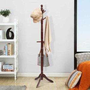 Tangkula Wood Coat Rack Freestanding, Entryway Height Adjustable Coat Stand with 9 Hooks & Stable Tri-Legged Base, Rubber Wood Coat Tree Hall Tree Coat Hanger Stand for Home Office Hall Entryway