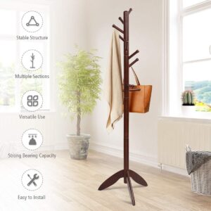 Tangkula Wood Tree Coat Rack Freestanding, Entryway Coat Stand with 11 Hooks & Stable Tri-Legged Base, Elegant Coat Hall Tree Coat Hanger Stand for Home Office Hallway Entryway