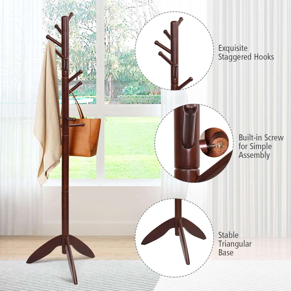 Tangkula Wood Tree Coat Rack Freestanding, Entryway Coat Stand with 11 Hooks & Stable Tri-Legged Base, Elegant Coat Hall Tree Coat Hanger Stand for Home Office Hallway Entryway