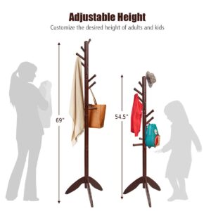 Tangkula Wood Tree Coat Rack Freestanding, Entryway Coat Stand with 11 Hooks & Stable Tri-Legged Base, Elegant Coat Hall Tree Coat Hanger Stand for Home Office Hallway Entryway