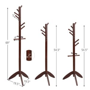 Tangkula Wood Tree Coat Rack Freestanding, Entryway Coat Stand with 11 Hooks & Stable Tri-Legged Base, Elegant Coat Hall Tree Coat Hanger Stand for Home Office Hallway Entryway