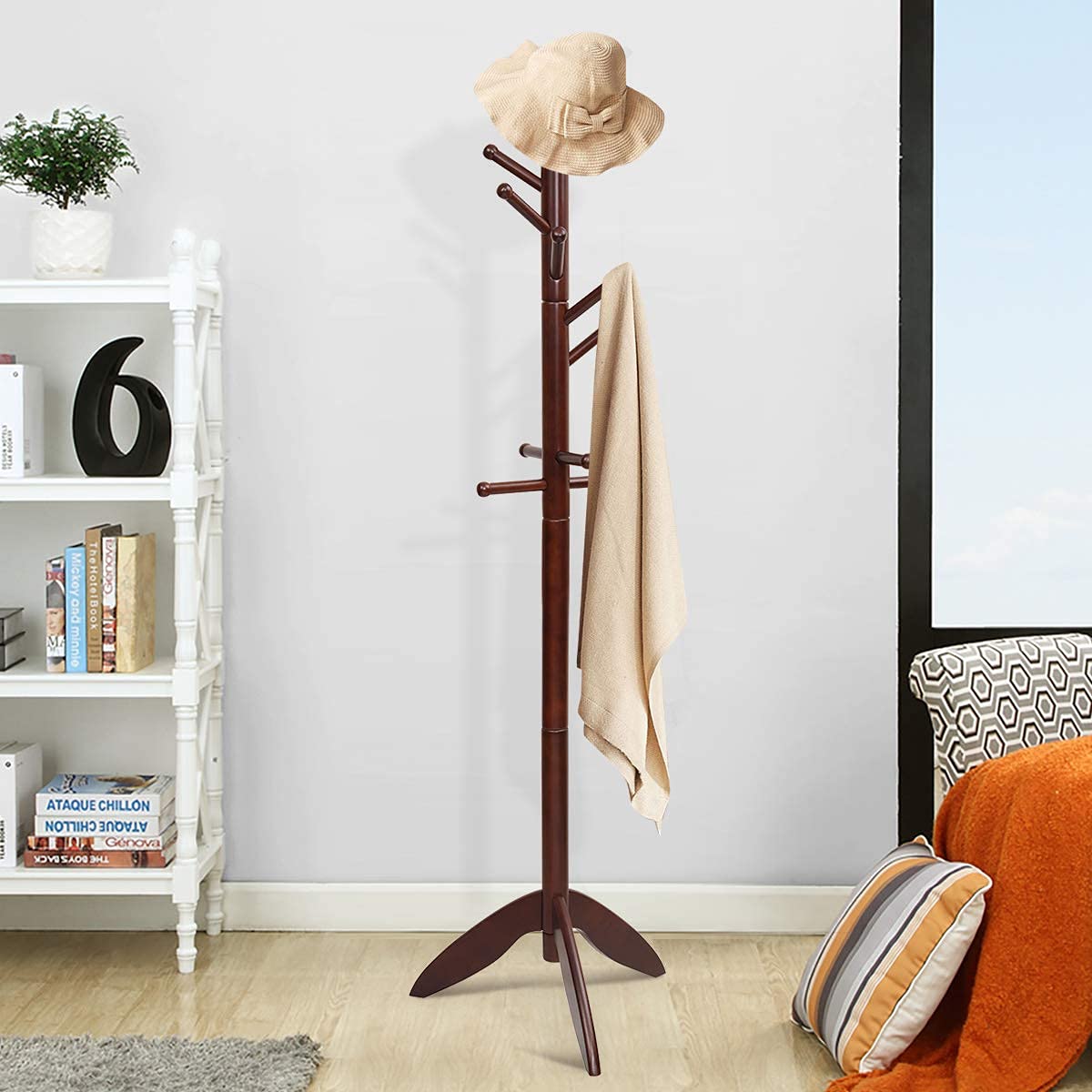 Tangkula Wood Tree Coat Rack Freestanding, Entryway Coat Stand with 11 Hooks & Stable Tri-Legged Base, Elegant Coat Hall Tree Coat Hanger Stand for Home Office Hallway Entryway