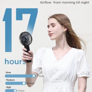 EasyAcc Handheld Fan, 2024 Newly Powerful Quiet Portable Fan Small Desk Fan [ 4 Speed/Battery Indicator/Easy Clean] 17H Battery Operated Fan One Touch Power Off Personal Fan for Travel Outdoor