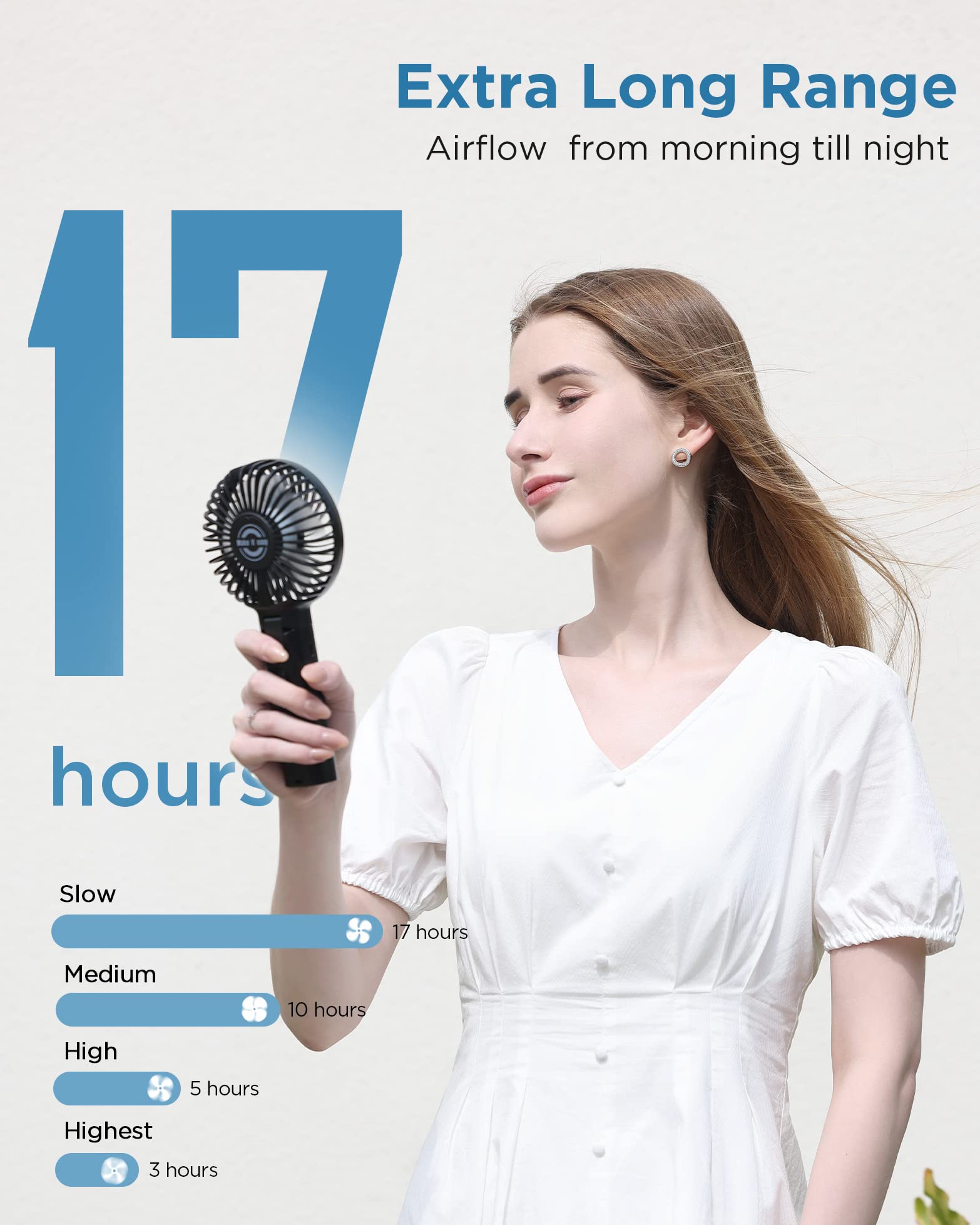 EasyAcc Handheld Fan, 2024 Newly Powerful Quiet Portable Fan Small Desk Fan [ 4 Speed/Battery Indicator/Easy Clean] 17H Battery Operated Fan One Touch Power Off Personal Fan for Travel Outdoor