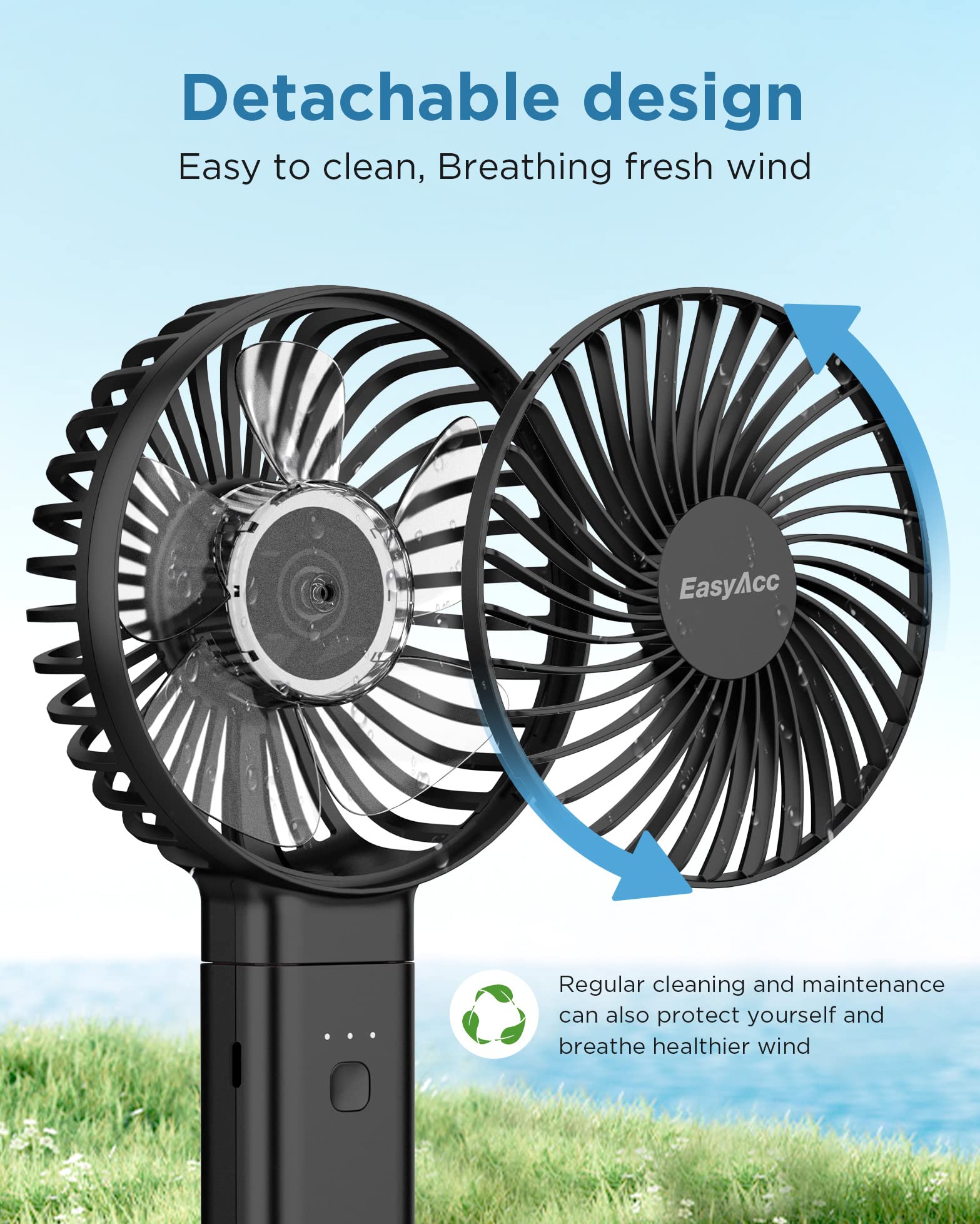 EasyAcc Handheld Fan, 2024 Newly Powerful Quiet Portable Fan Small Desk Fan [ 4 Speed/Battery Indicator/Easy Clean] 17H Battery Operated Fan One Touch Power Off Personal Fan for Travel Outdoor