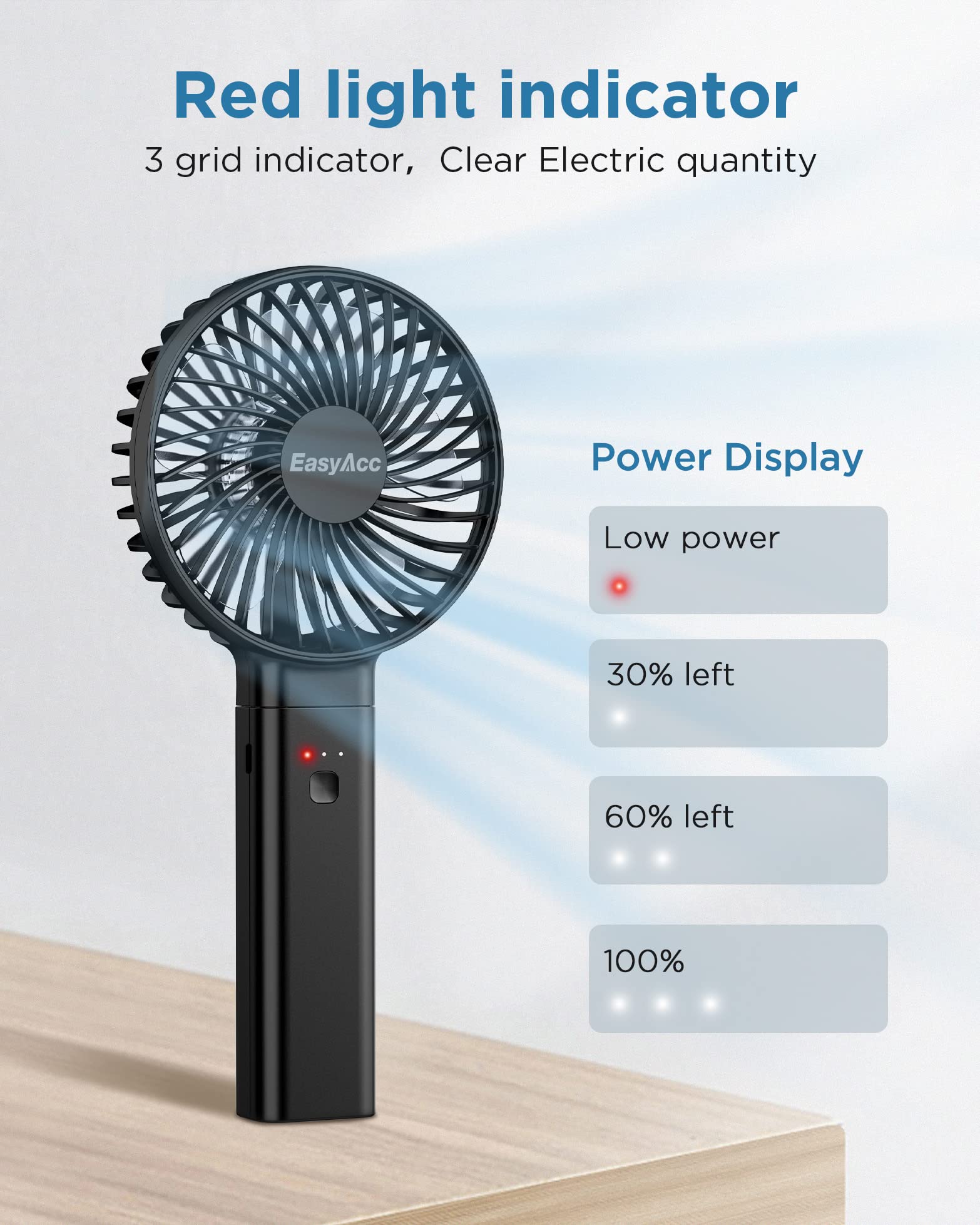 EasyAcc Handheld Fan, 2024 Newly Powerful Quiet Portable Fan Small Desk Fan [ 4 Speed/Battery Indicator/Easy Clean] 17H Battery Operated Fan One Touch Power Off Personal Fan for Travel Outdoor