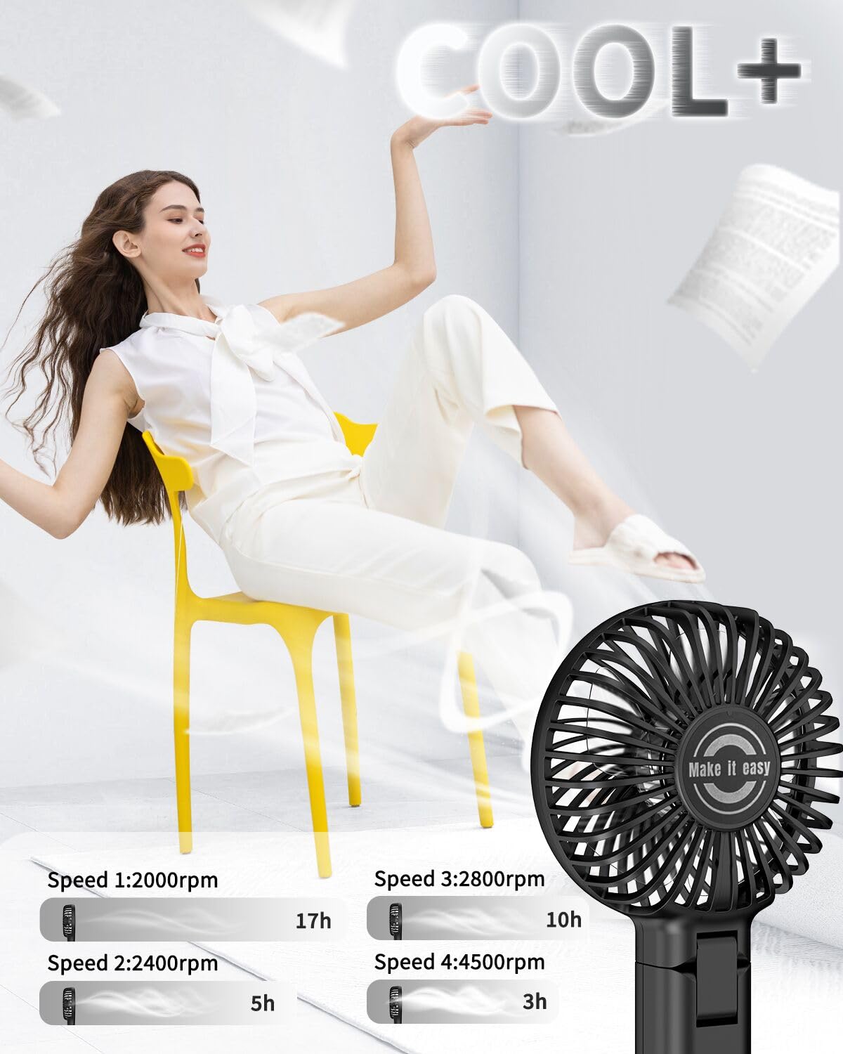 EasyAcc Handheld Fan, 2024 Newly Powerful Quiet Portable Fan Small Desk Fan [ 4 Speed/Battery Indicator/Easy Clean] 17H Battery Operated Fan One Touch Power Off Personal Fan for Travel Outdoor