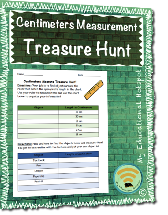 Centimeters Measurement Treasure Hunt Worksheet Activity