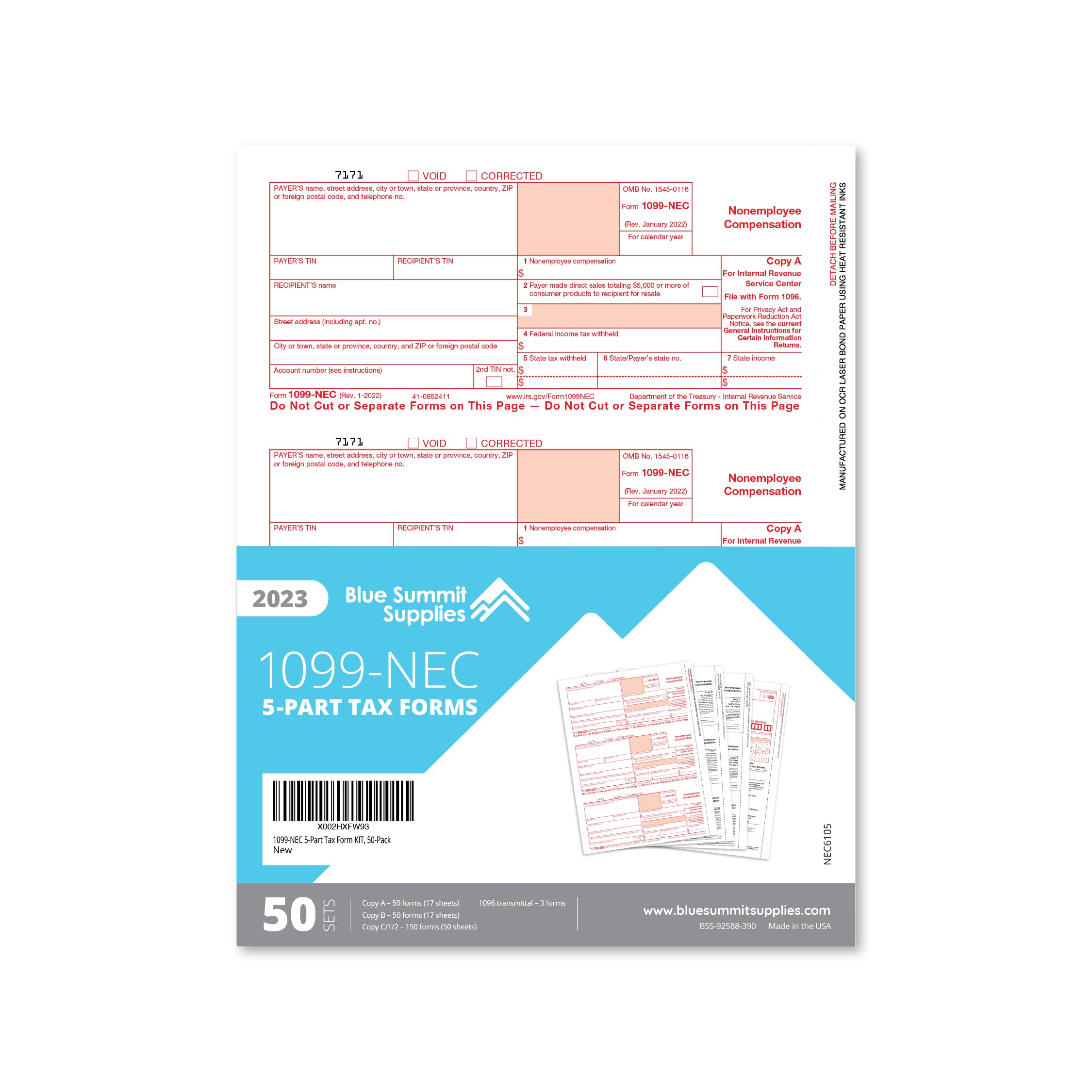 Blue Summit Supplies 1099 NEC Tax Forms 2023, 50 5 Part Tax Forms Kit, Compatible with QuickBooks and Accounting Software, 50 Pack