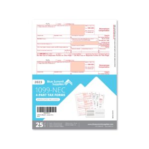 Blue Summit Supplies 1099 NEC Tax Forms 2023 with 25 Self Seal Envelopes, 25 4 Part Tax Forms Kit, Compatible with QuickBooks and Accounting Software