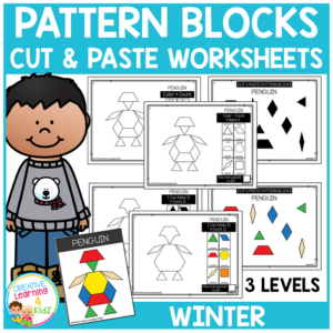 pattern block cut & paste worksheets: winter