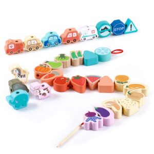 BMTOYS Montessori Educational Threading Toys Wooden Stringing Traffic Wild Animals Fruits Lacing Beads Preschool Toy for Toddler 18 Month 1 2 3 4 5 Year Old Boys Girls