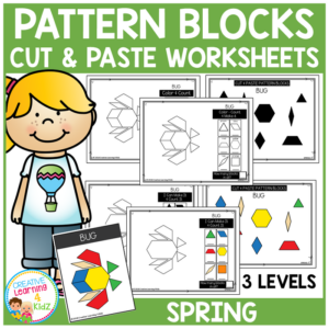 pattern block cut & paste worksheets: spring