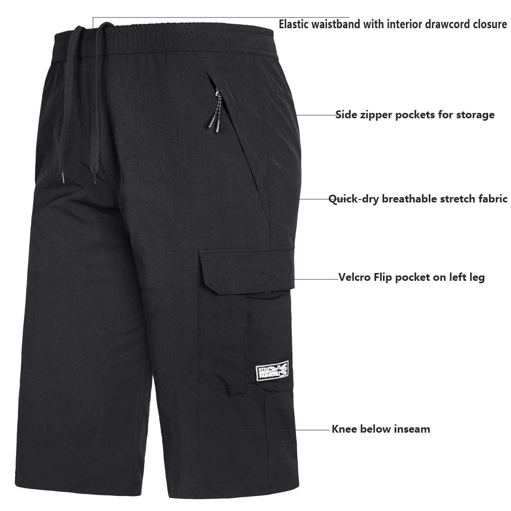 Men's Outdoor Hiking Shorts Quick Dry Stretchy 3/4 Capri Pants Cargo Shorts Male Black