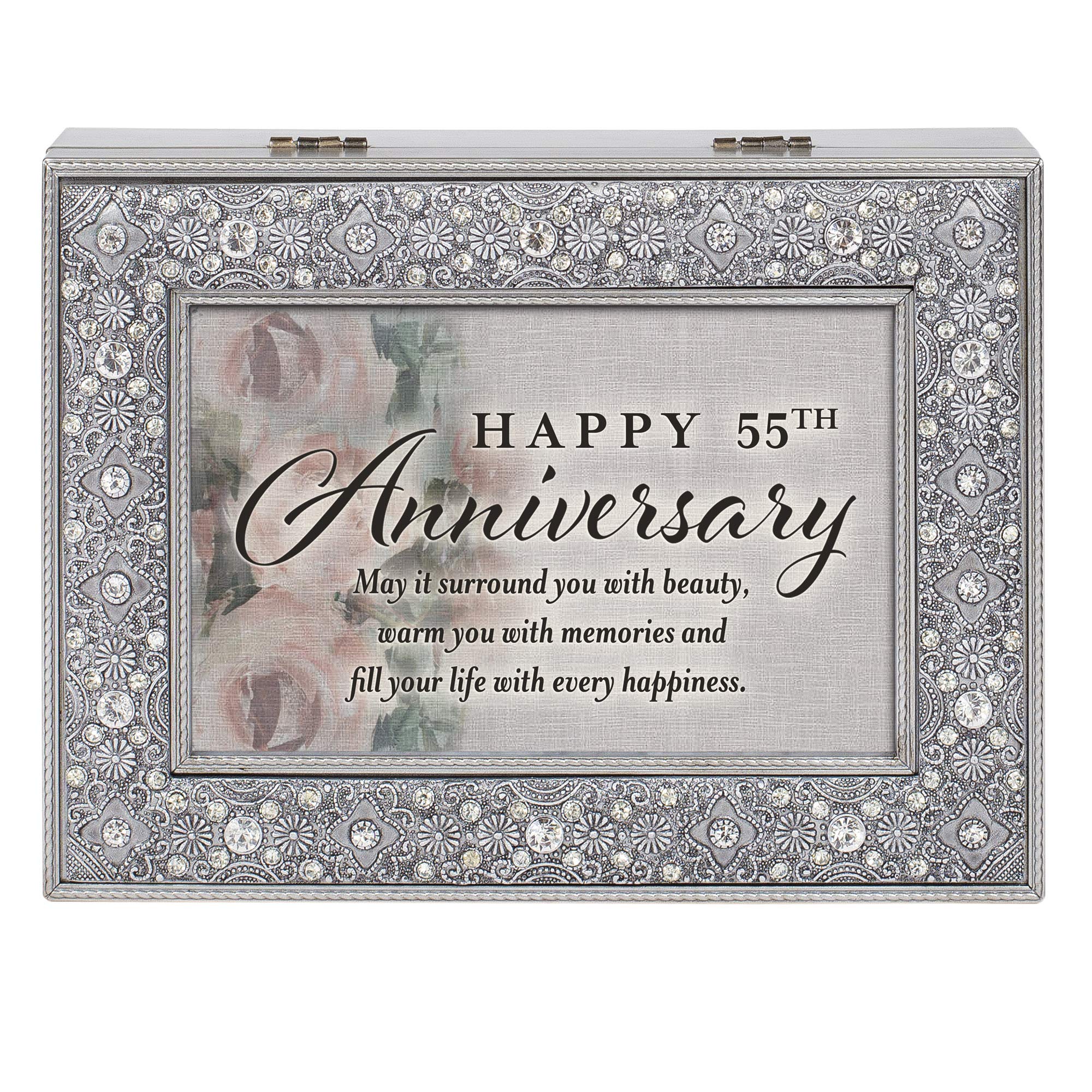 Cottage Garden Happy 55th Anniversary Brushed Pewter Finish Jeweled Music Box Plays Wonderful World