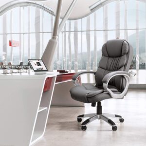 GUNJI Office Chair PU Leather High Back Executive Chair Ergonomic Computer Chair, Modern Adjustable Home Desk Chair Swivel Managerial Chair with Padded Armrests and Lumbar Support (Gray)