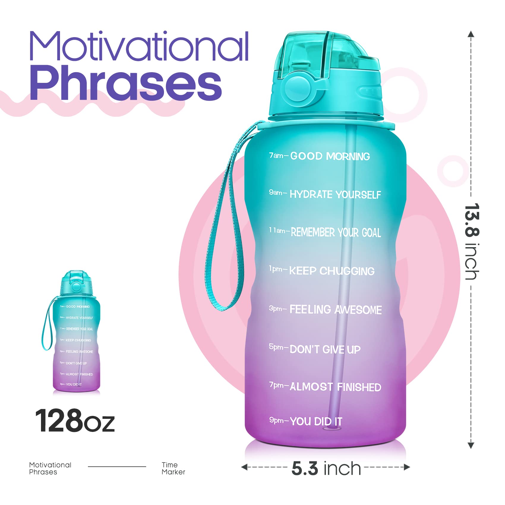 Giotto Large 1 Gallon/128oz Motivational Water Bottle with Time Marker & Straw,Leakproof Tritan BPA Free Water Jug,Ensure You Drink Enough Water Daily for Fitness,Gym and Outdoor-Green/Purple