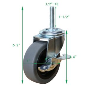 AAGUT Caster Wheels,4 Inch Rubber Heavy Duty 1/2"-13 x 1-1/2" Threaded Stem Mount Industrial Castors, Locking Brakes Metal Swivel Wheel,Replacement for Carts Furniture Dolly Workbench Trolley,Set of 4