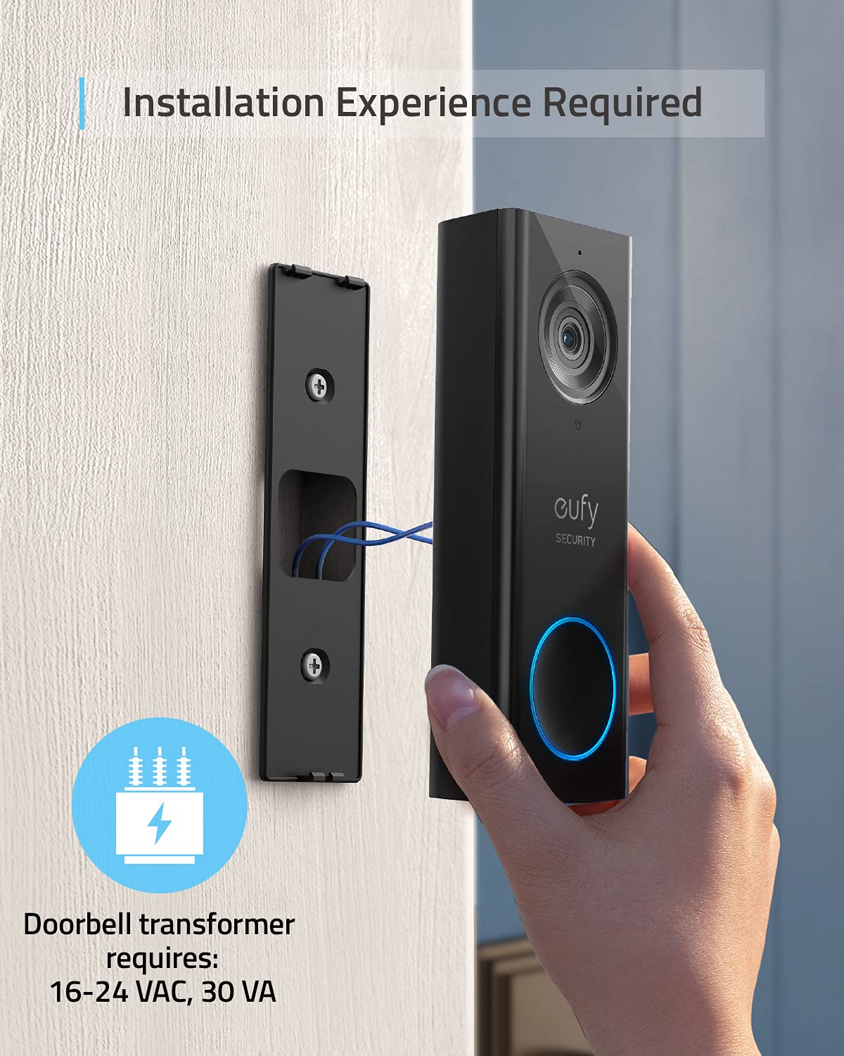 eufy Security, Wi-Fi Video Doorbell, HD 1080p-Grade, No Monthly Fee, Local Storage, Human Detection, Wireless Chime - Requires Existing Doorbell Wires and Installation Experience, 16-24 VAC, 30 VA