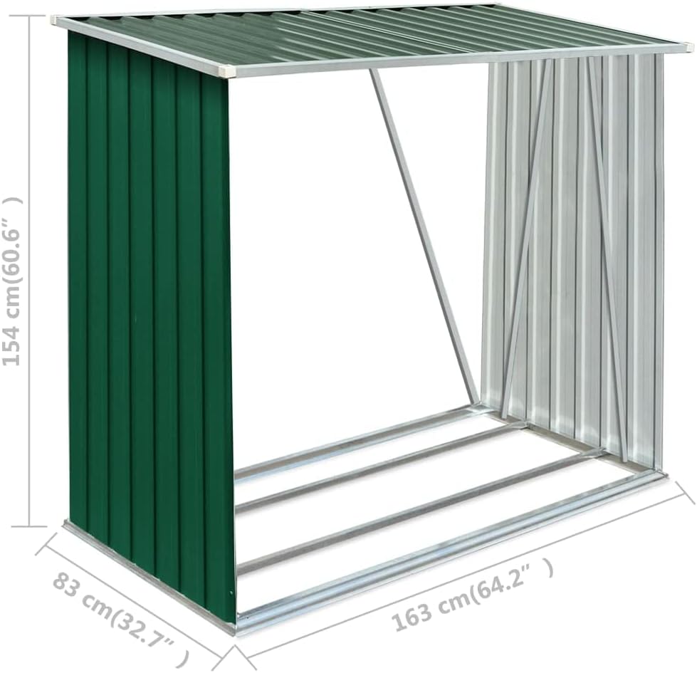 vidaXL Garden Firewood Storage Shed- Galvanized Steel Green Log Shed- Compact Outdoor Wood Storage Solution- 64.2"x32.7"x60.6"- Durable and Easy to Assemble