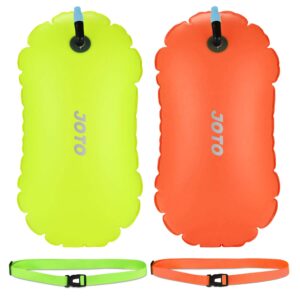 joto 2 pack swim buoy float for open water, swimming belt bubble safety float with adjustable waist, snorkeling, swim training, triathletes, kayaking -neonyellow & orange