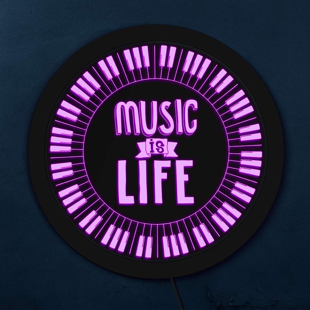 The Geeky Days Music is Life Piano Keys Round LED Neon Sign Piano Keyboard LED Lighting Decor Music Studio Open Sign with Colorful Changes