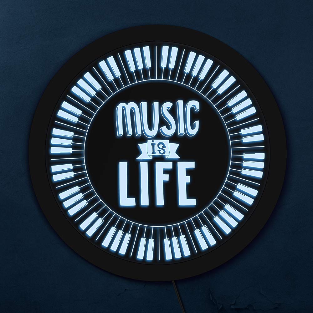 The Geeky Days Music is Life Piano Keys Round LED Neon Sign Piano Keyboard LED Lighting Decor Music Studio Open Sign with Colorful Changes