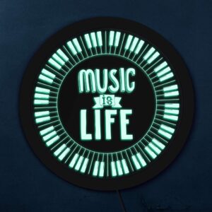 The Geeky Days Music is Life Piano Keys Round LED Neon Sign Piano Keyboard LED Lighting Decor Music Studio Open Sign with Colorful Changes