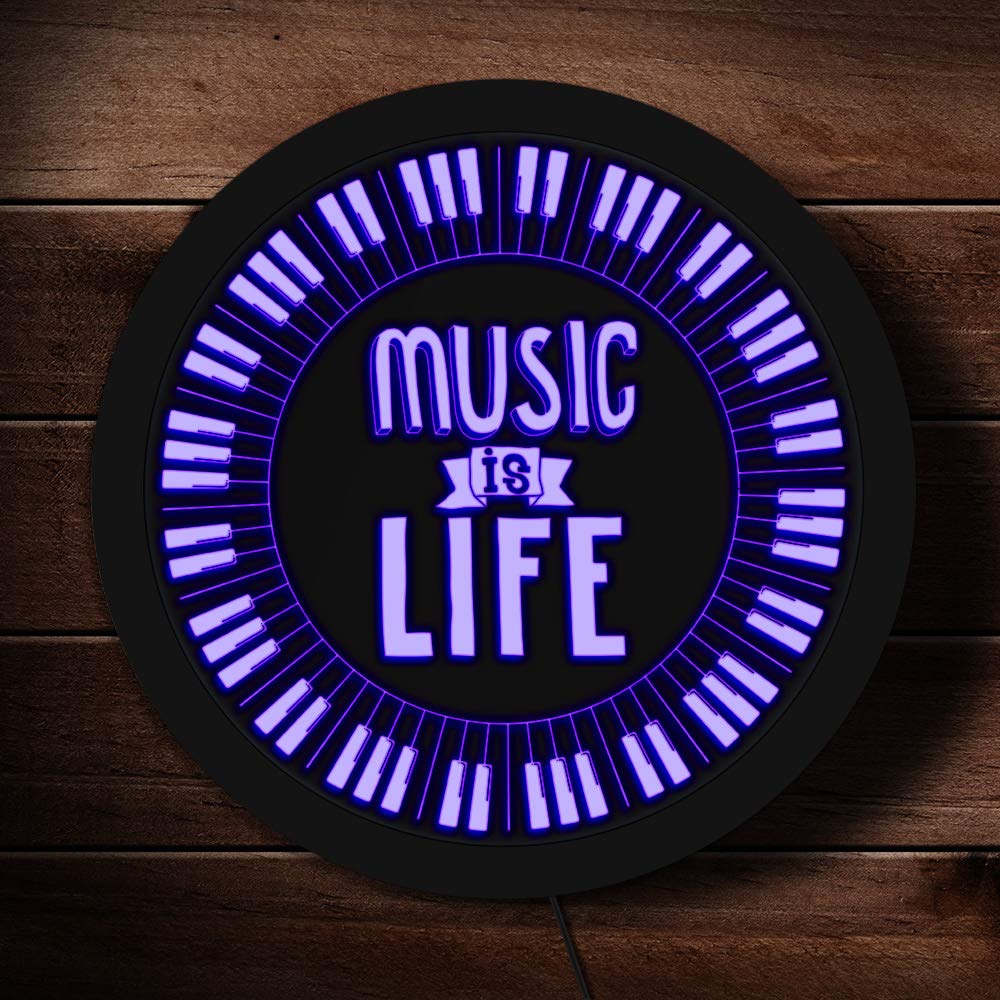 The Geeky Days Music is Life Piano Keys Round LED Neon Sign Piano Keyboard LED Lighting Decor Music Studio Open Sign with Colorful Changes