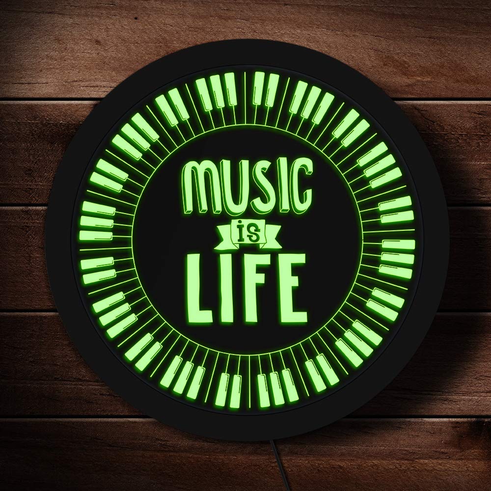 The Geeky Days Music is Life Piano Keys Round LED Neon Sign Piano Keyboard LED Lighting Decor Music Studio Open Sign with Colorful Changes